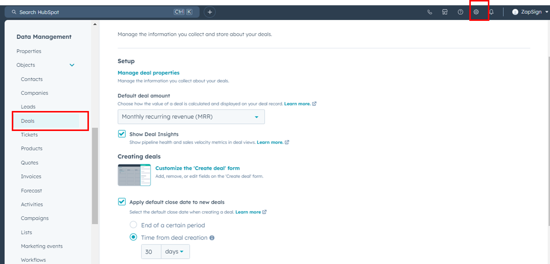 How to display the ZapSign card in your HubSpot deal